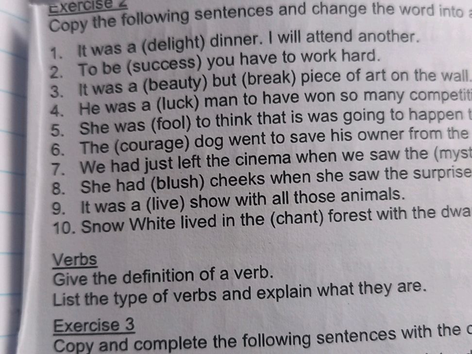 Exercise 2 Copy the following sentences and | StudyX