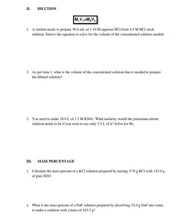 II. DILUTION $M_1V_1 = M_2V_2$ 1. A | StudyX