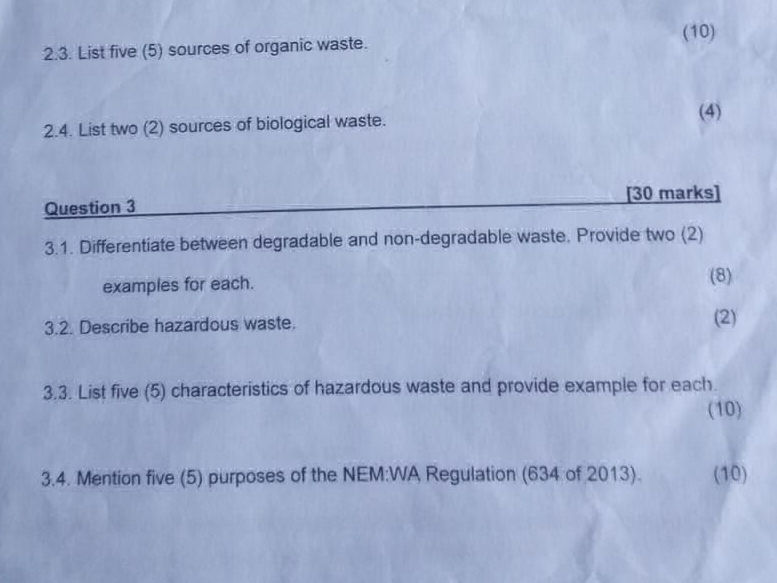 2.3. List five (5) sources of organic waste. | StudyX