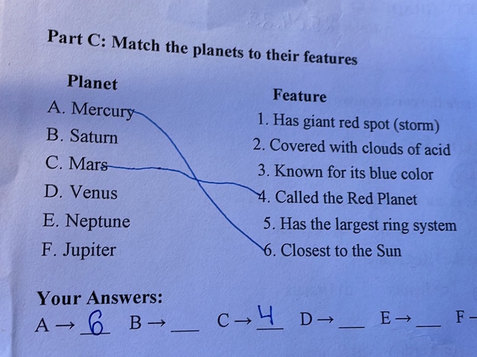 Part C: Match the planets to their features | StudyX