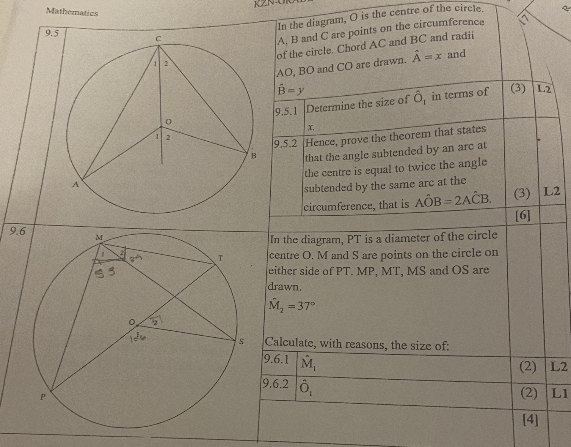 9.5 In the diagram, O is the centre of the | StudyX