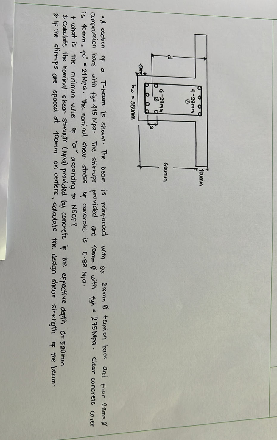 A section of a T-beam is shown. The beam is | StudyX