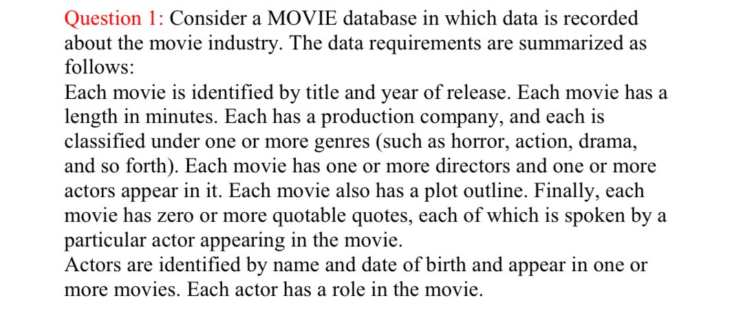 Question 1: Consider a MOVIE database in | StudyX