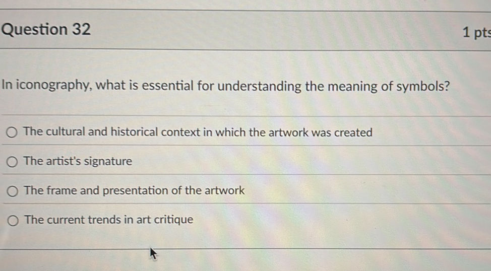 In iconography, what is essential for | StudyX