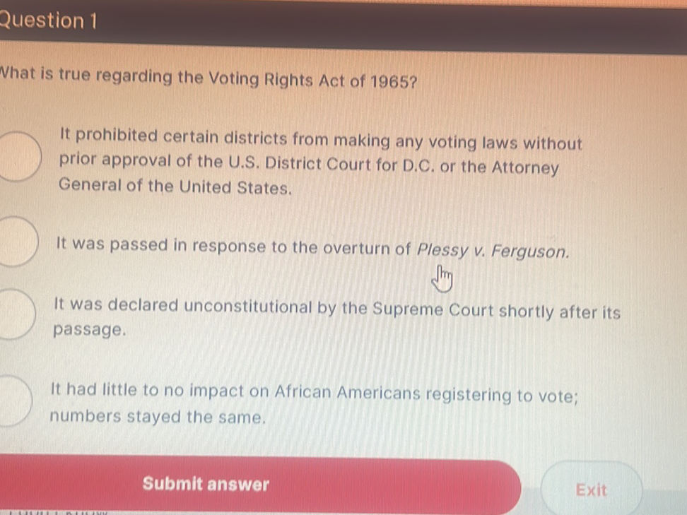 What is true regarding the Voting Rights Act | StudyX