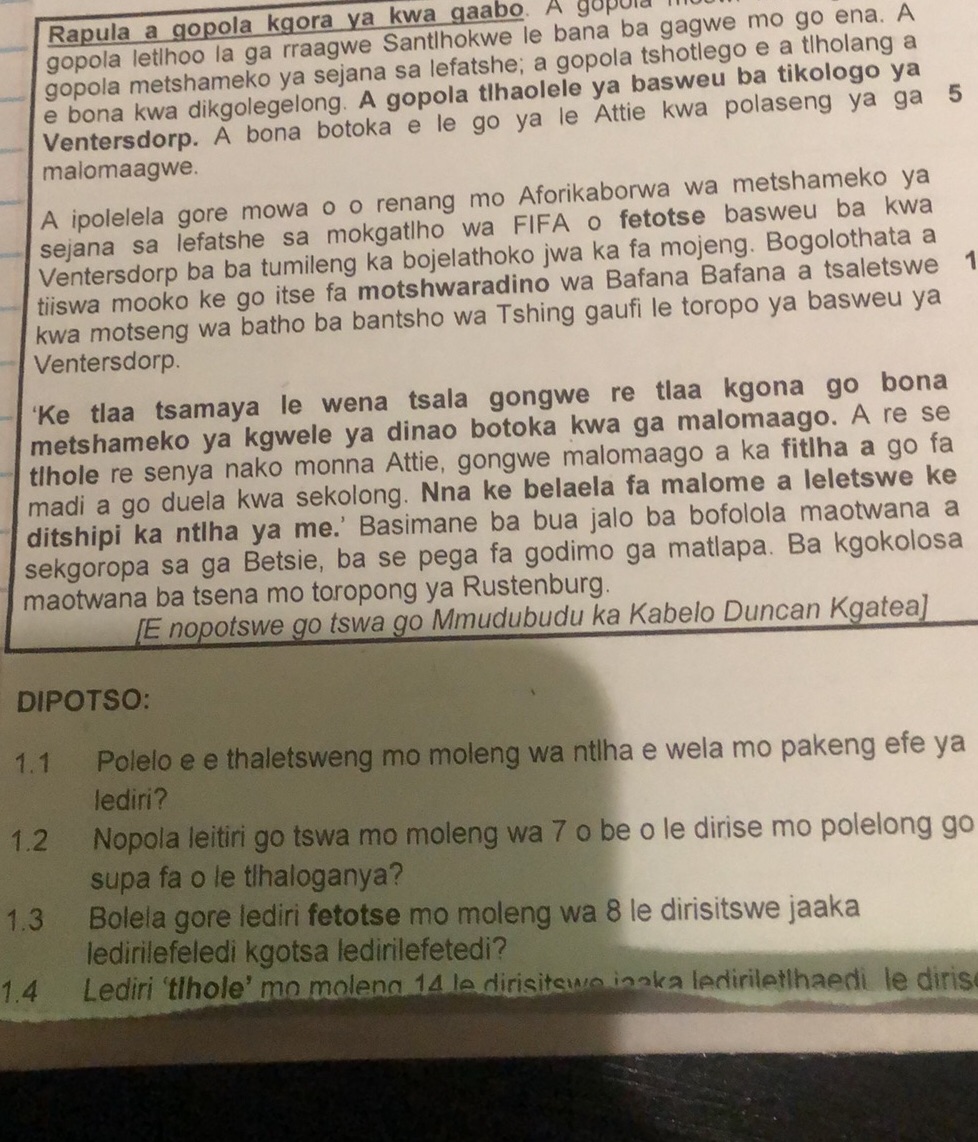 1.1 Polelo e e thaletsweng mo moleng wa | StudyX