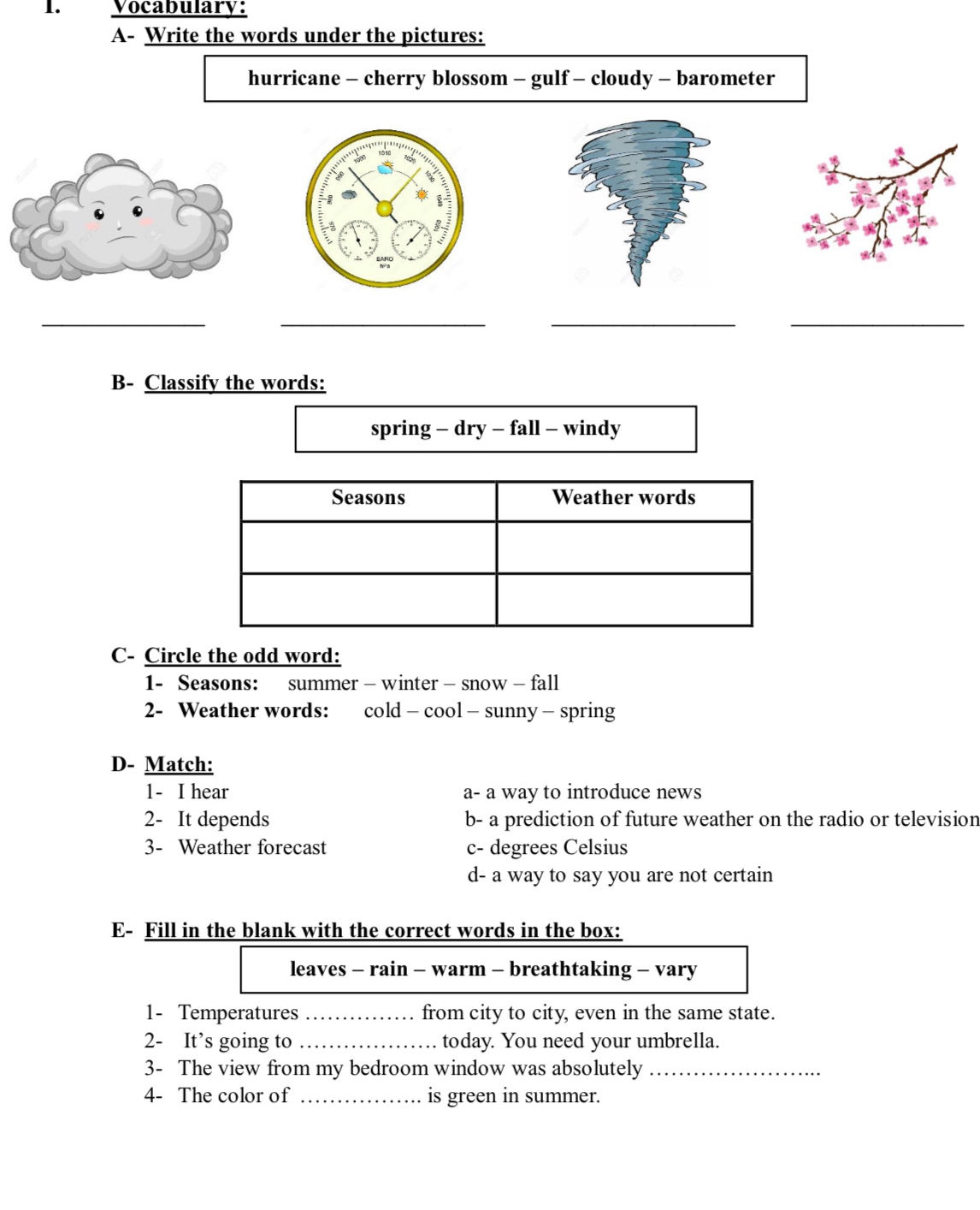 I. Vocabulary: A- Write the words under the | StudyX