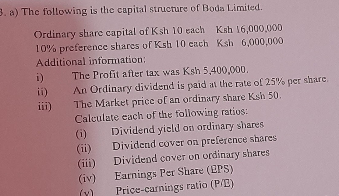 3. a) The following is the capital structure | StudyX