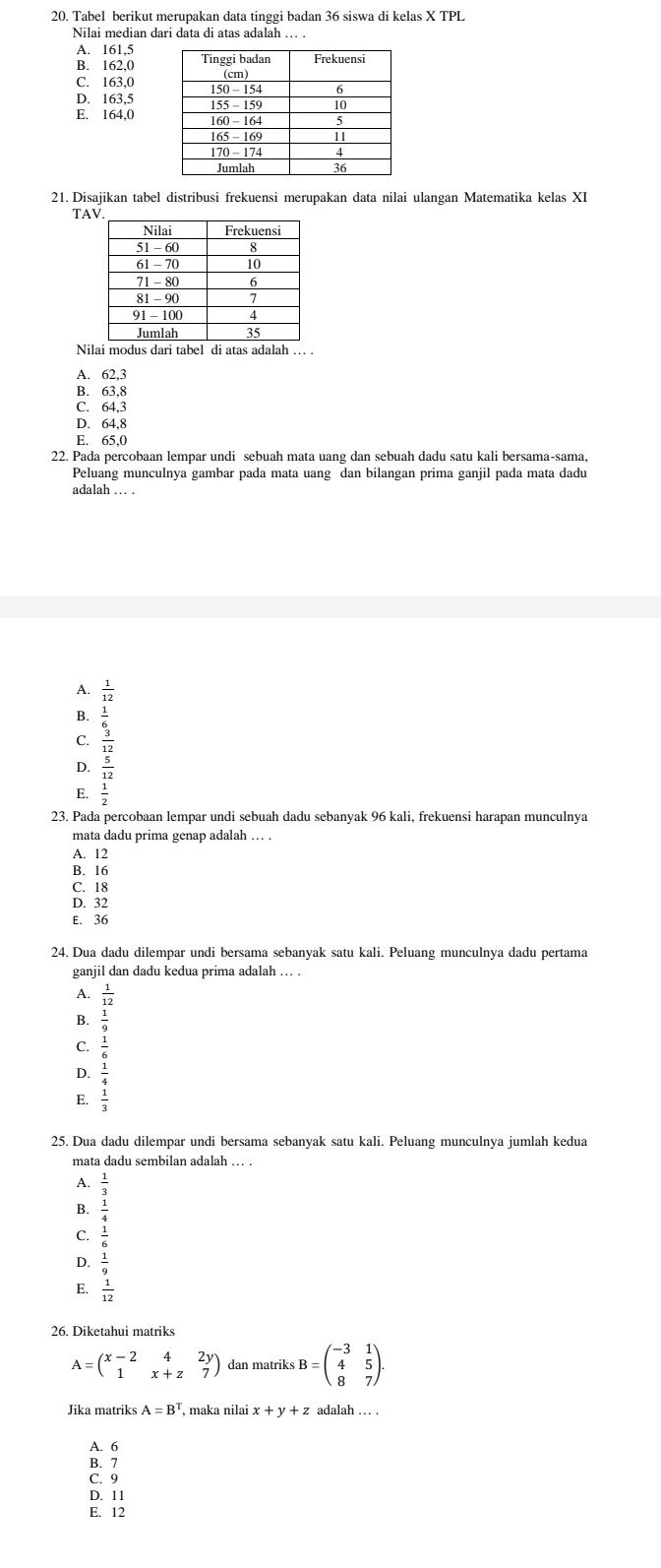 20. Tabel berikut merupakan data tinggi | StudyX