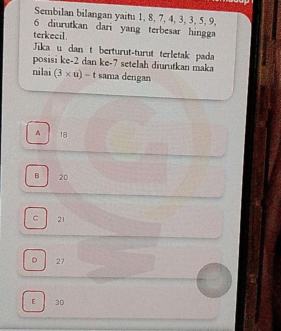 Sembilan bilangan yaitu 1, 8, 7, 4, 3, 3, 5, | StudyX
