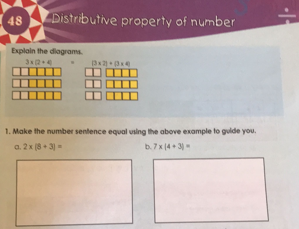 Explain the diagrams. 3 x (2+4) = (3x2)