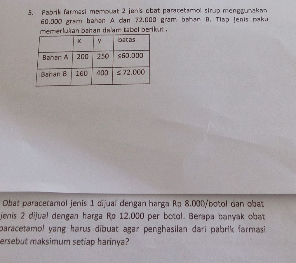 5. Pabrik farmasi membuat 2 jenis obat | StudyX