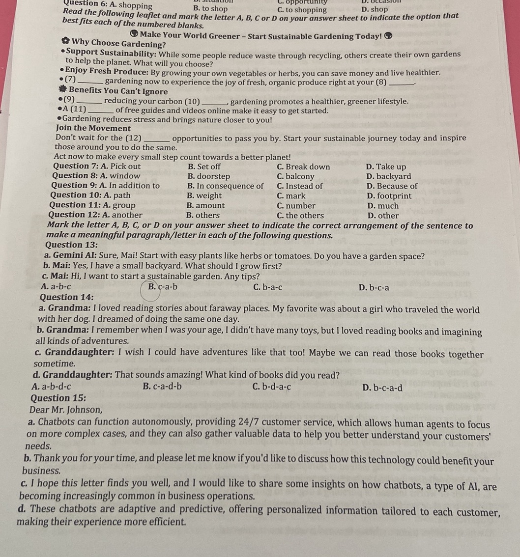 Question 6: A. shopping Read the following | StudyX