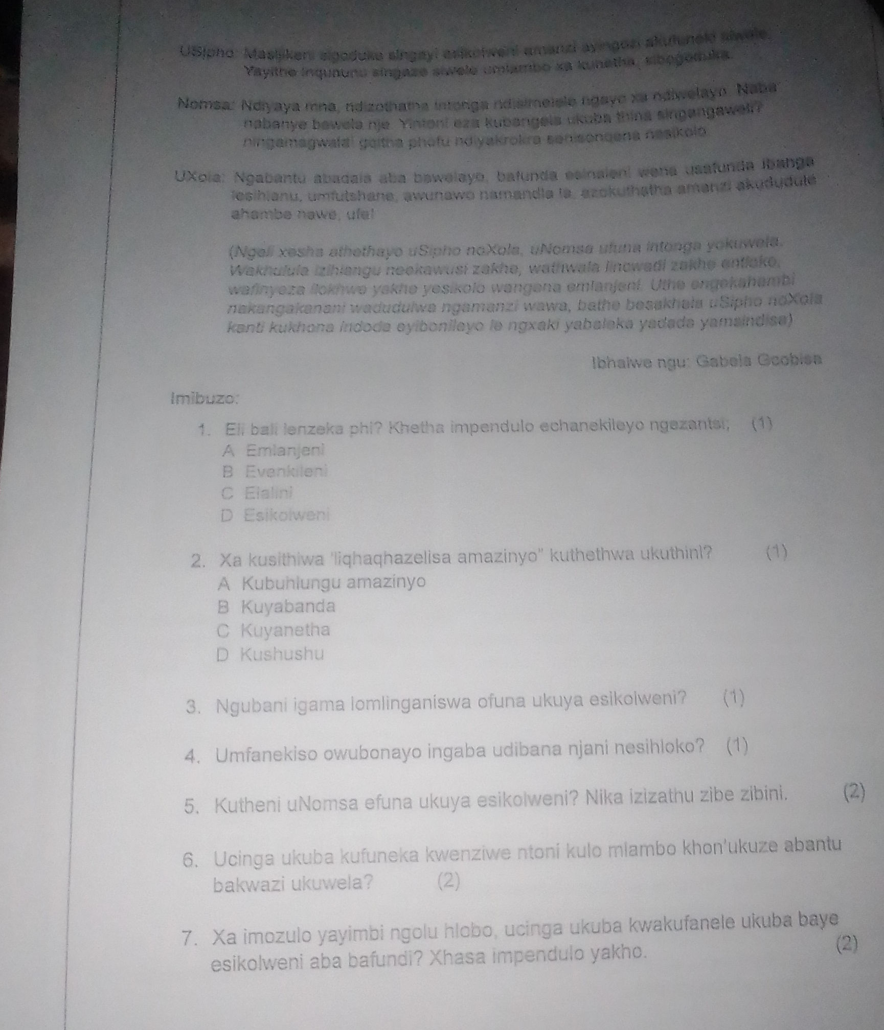 Imibuzo: 1. Eli bali lenzeka phi? Khetha | StudyX