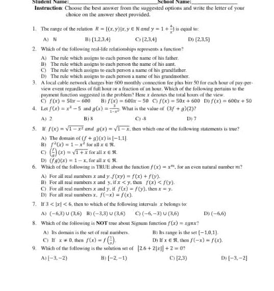 Student Name: $\qquad$ School Name: | StudyX