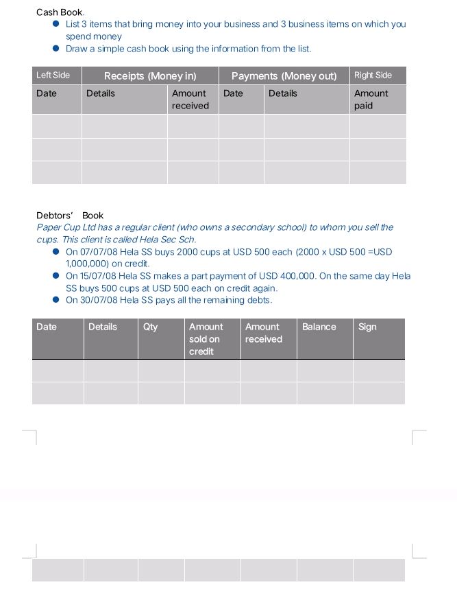 Cash Book. List 3 items that bring money | StudyX