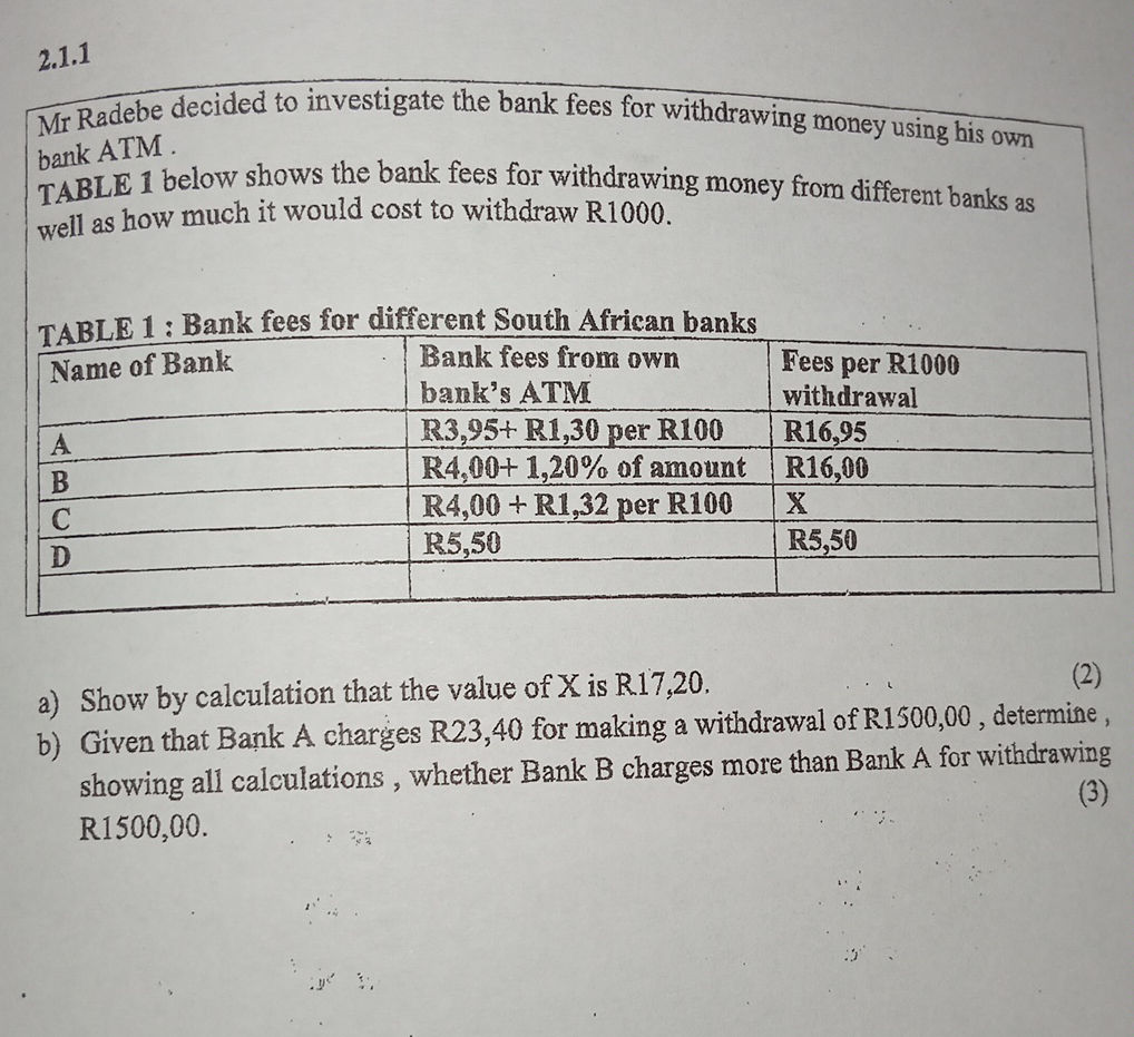 TABLE 1: Bank fees for different South | StudyX