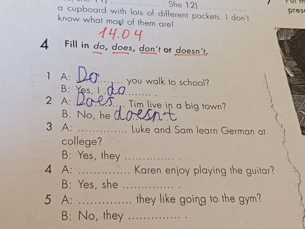 4 Fill in do, does, don't or doesn't. 1 A: | StudyX