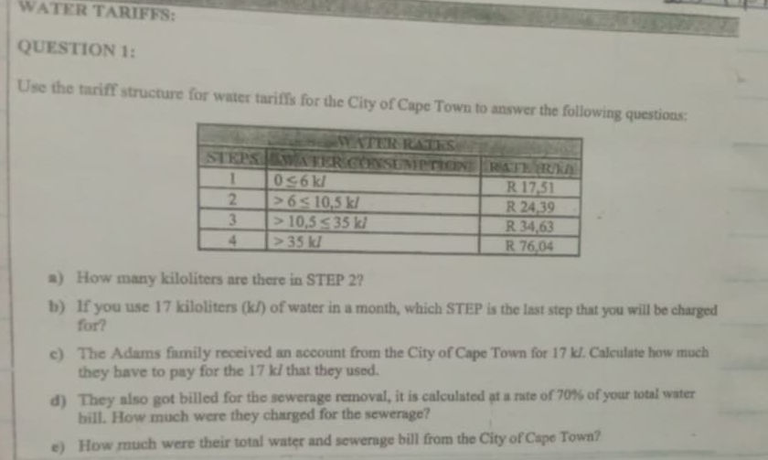 WATER TARIFFS: QUESTION 1: Use the tariff | StudyX