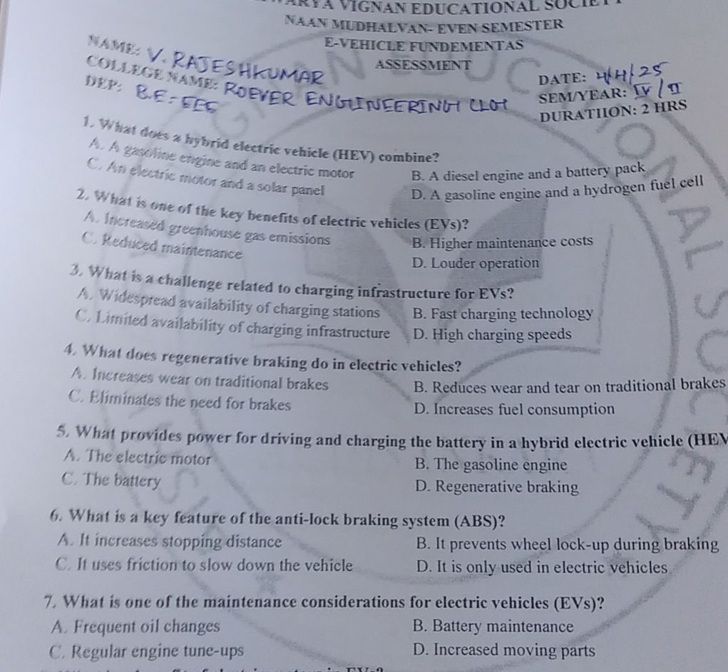 1. What does a hybrid electric vehicle (HEV) | StudyX
