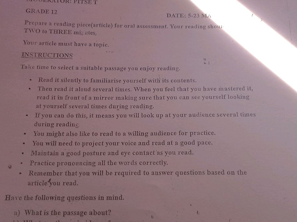 Prepare a reading piece(article) for oral