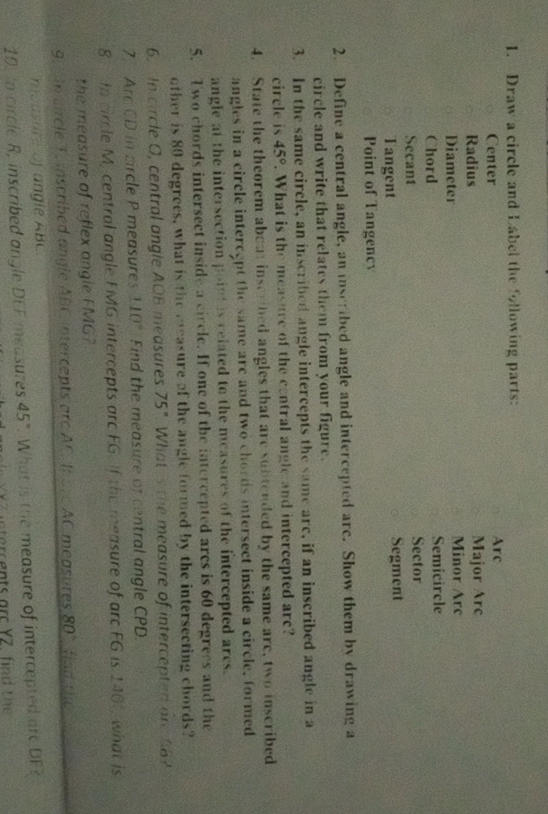 1. Draw a circle and Label the following | StudyX