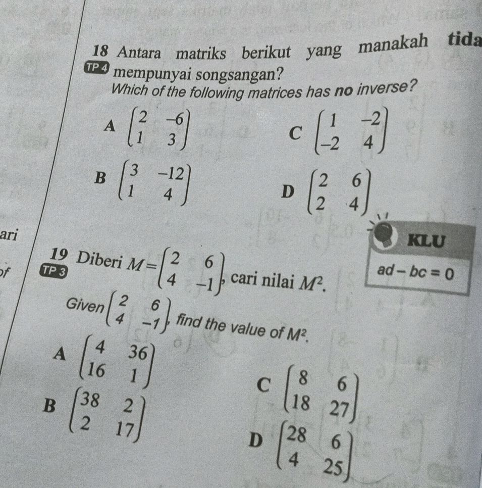 18 Antara matriks berikut yang manakah tidak | StudyX