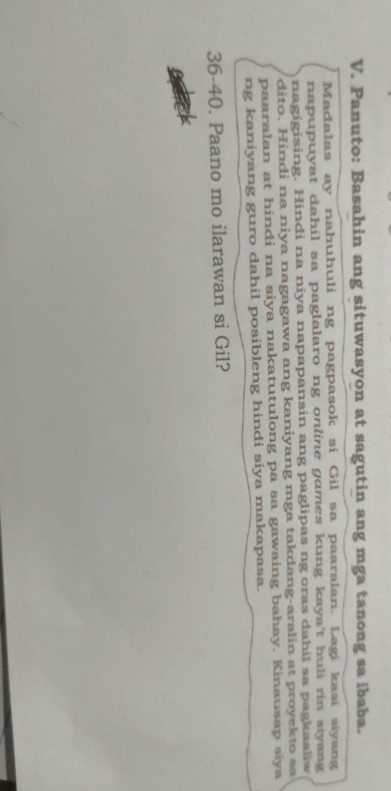 V. Panuto: Basahin ang sitwasyon at sagutin | StudyX