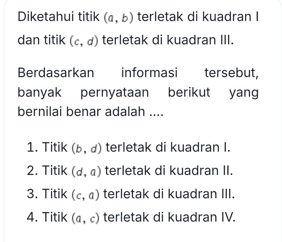 Diketahui titik (a, b) terletak di kuadran I | StudyX