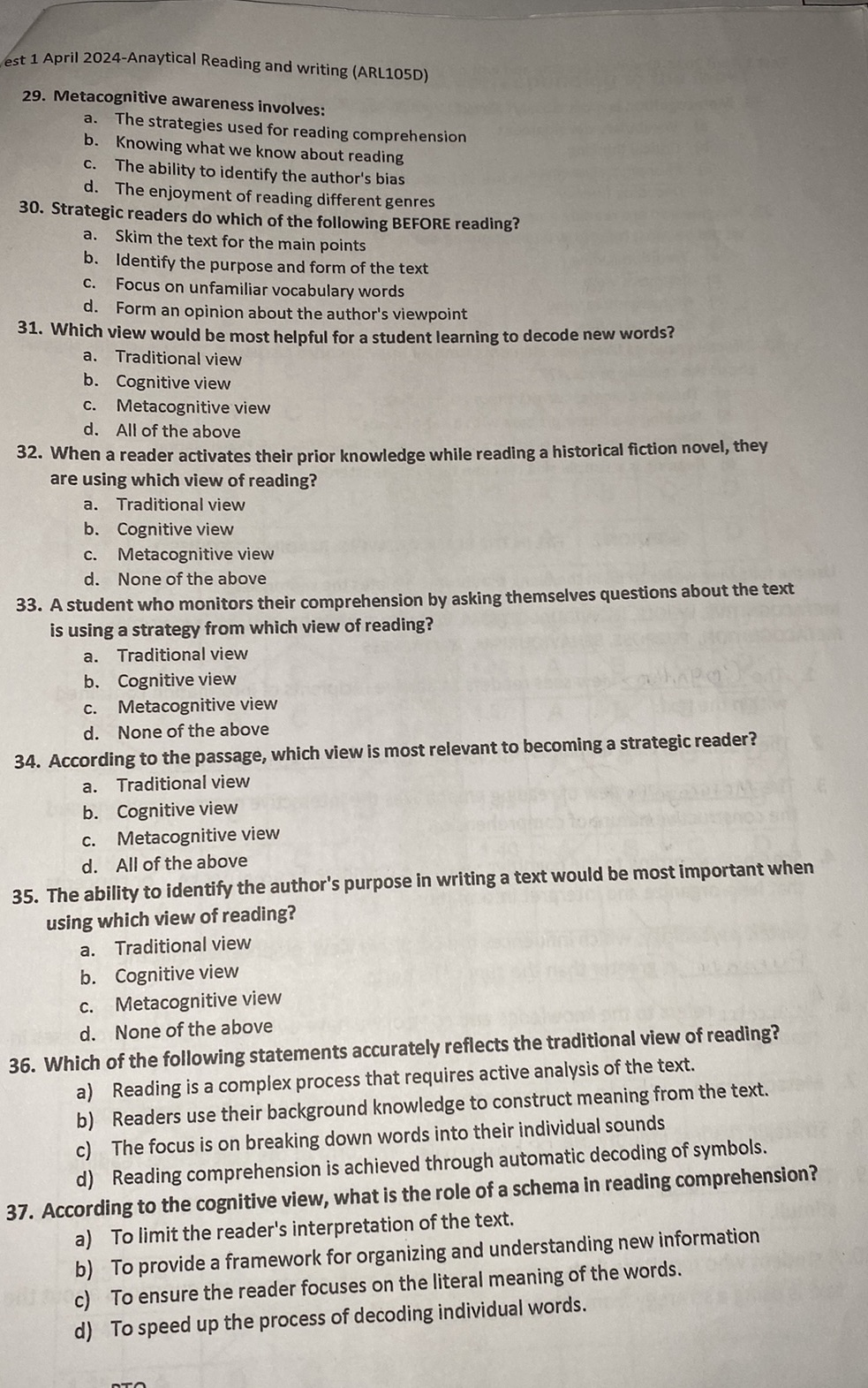 29. Metacognitive awareness involves: a. | StudyX