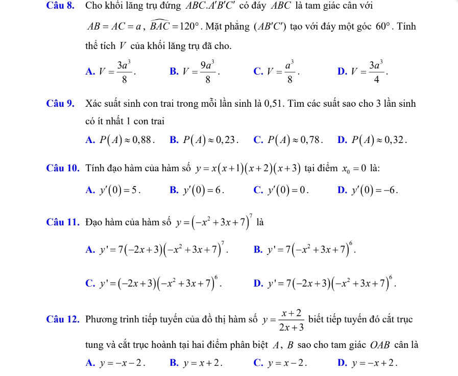 Câu 8. Cho khối lăng trụ đứng $ABC.A'B'C'$ | StudyX