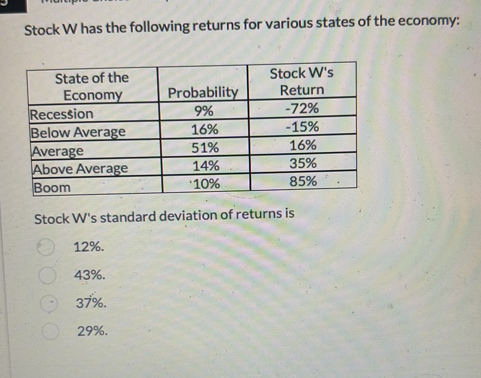 Stock W has the following returns for | StudyX