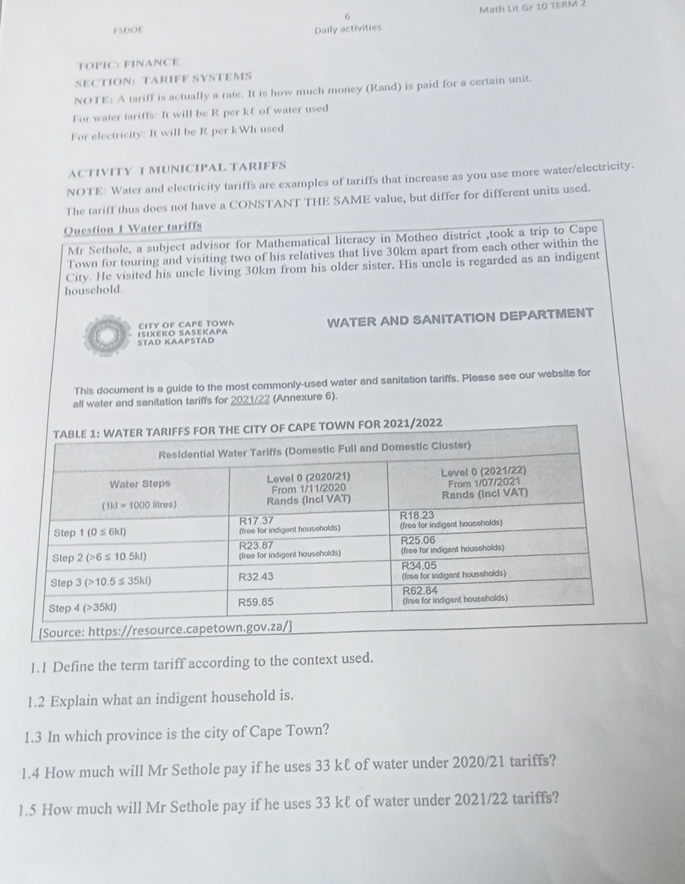 Question 1 Water tariffs Mr Sethole, a | StudyX