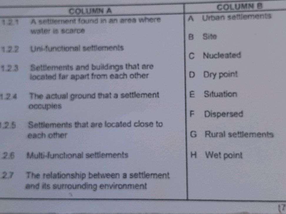 Match the descriptions in Column A with the | StudyX