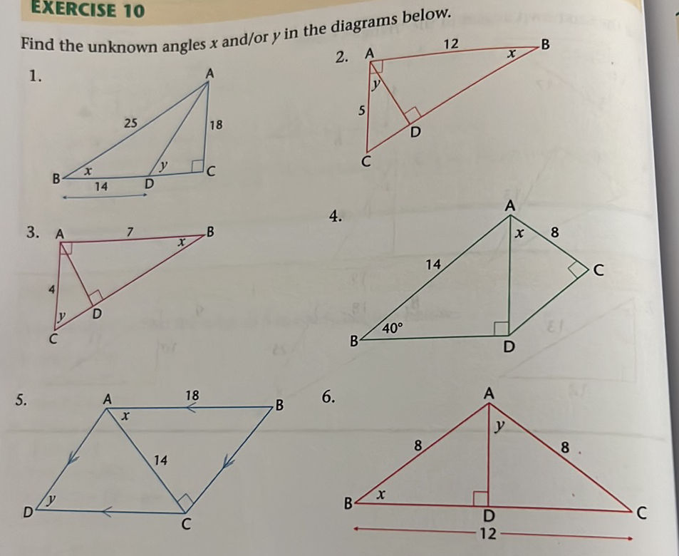 Find the unknown angles x and/or y in the | StudyX