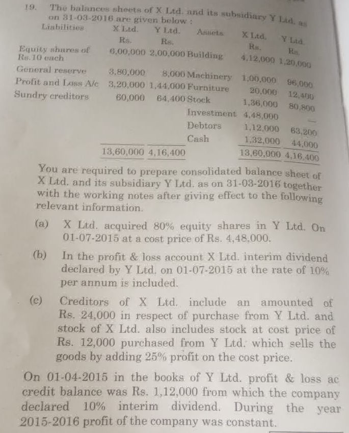 19. The balances sheets of X Ltd. and its | StudyX