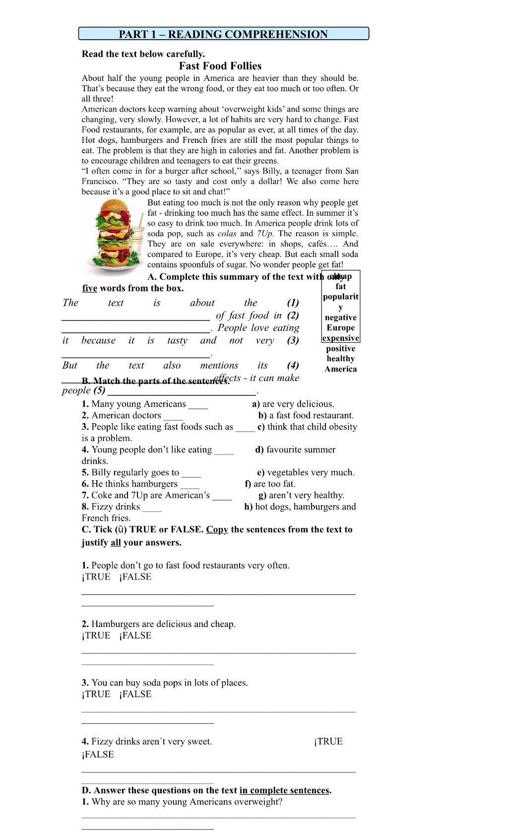 PART 1 - READING COMPREHENSION Read the | StudyX