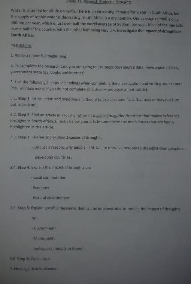 Grade 11 Research Project - Droughts Water | StudyX