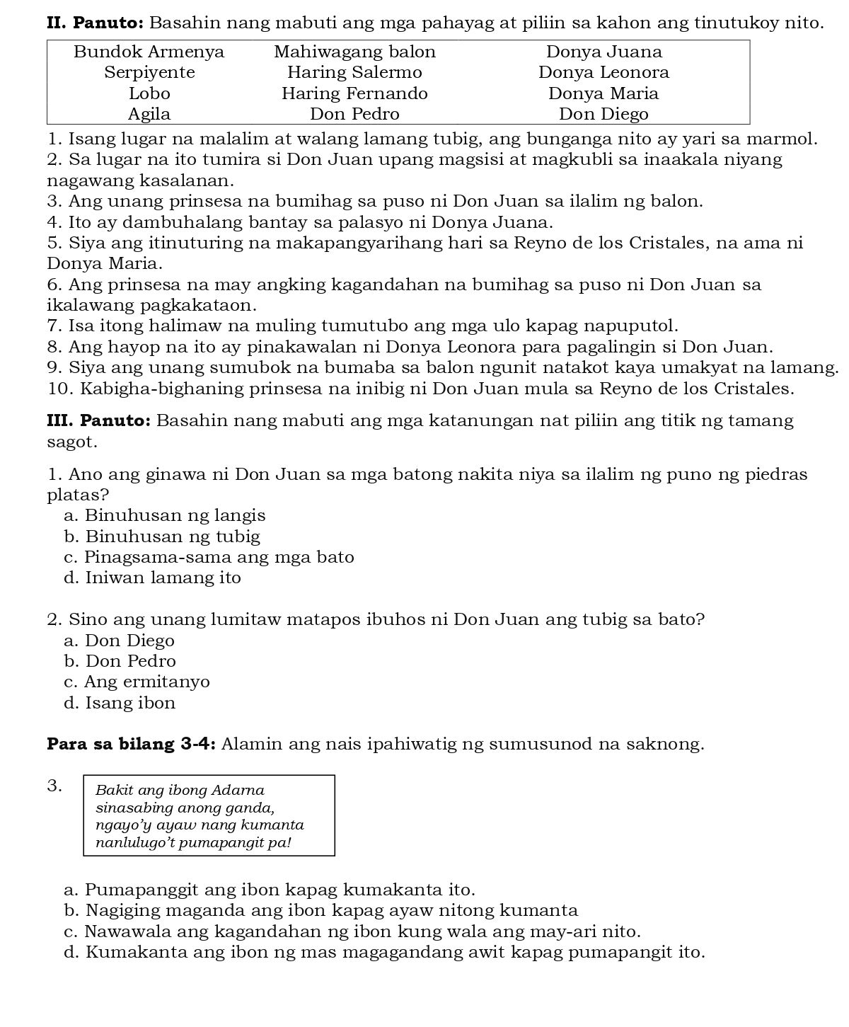 II. Panuto: Basahin nang mabuti ang mga | StudyX