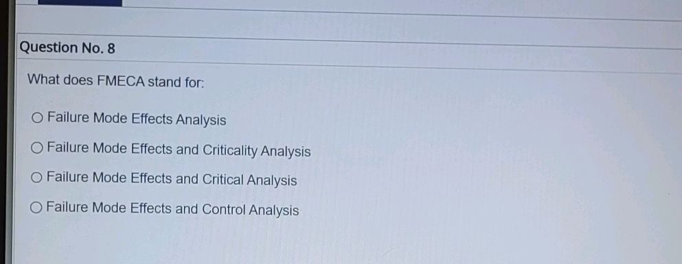What does FMECA stand for: O Failure Mode | StudyX