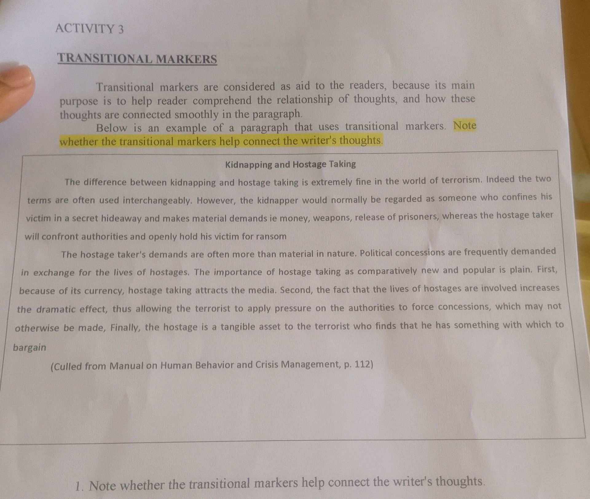 1. Note whether the transitional markers | StudyX
