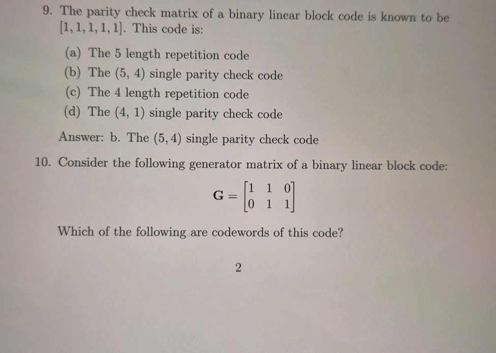 9. The parity check matrix of a binary | StudyX
