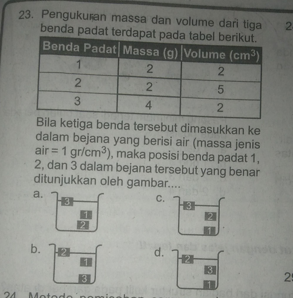 23. Pengukuran massa dan volume dari tiga | StudyX