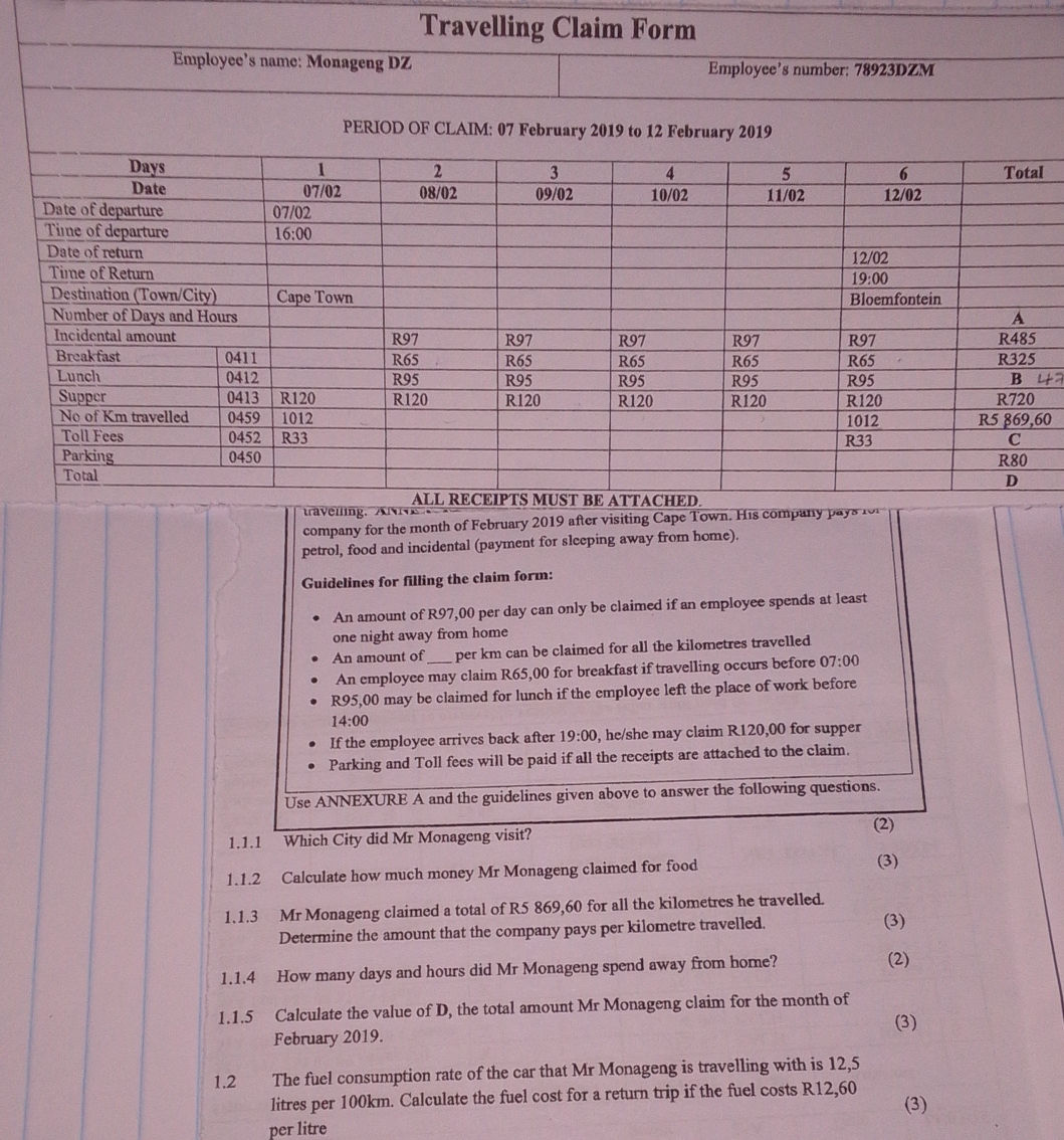 Travelling Claim Form Employee's name: | StudyX
