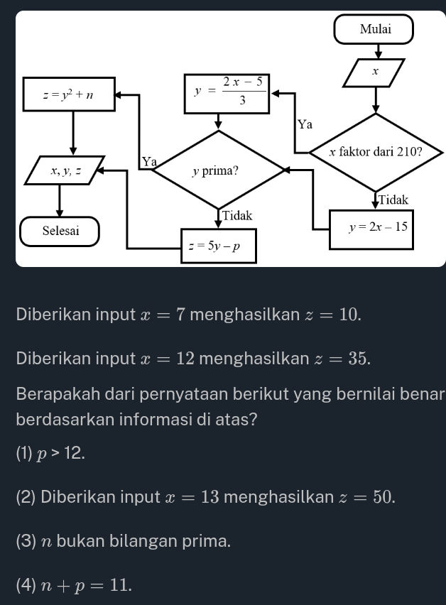 Given input $x = 7$ menghasilkan $z = 10$. | StudyX