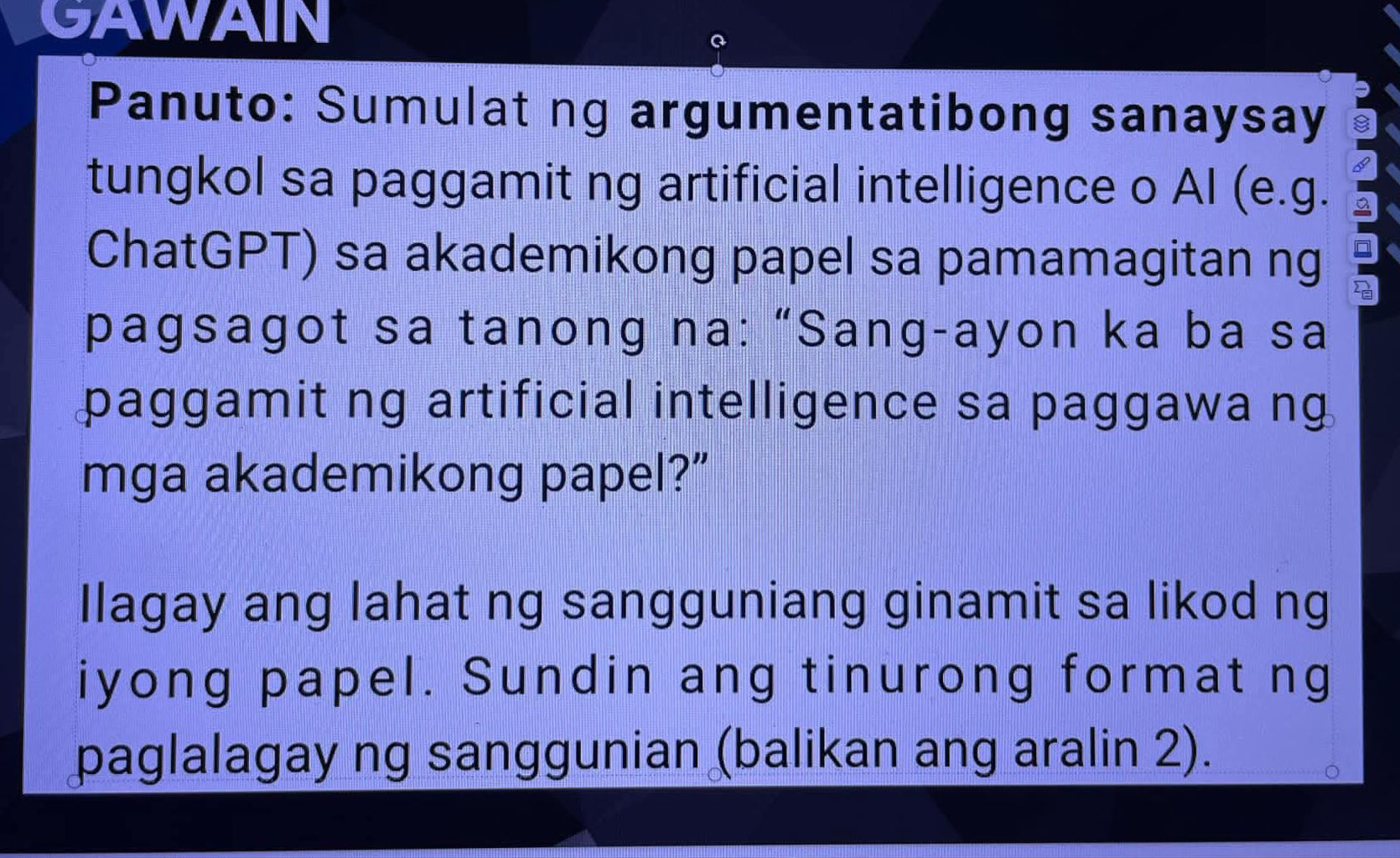 Panuto: Sumulat ng argumentatibong sanaysay | StudyX