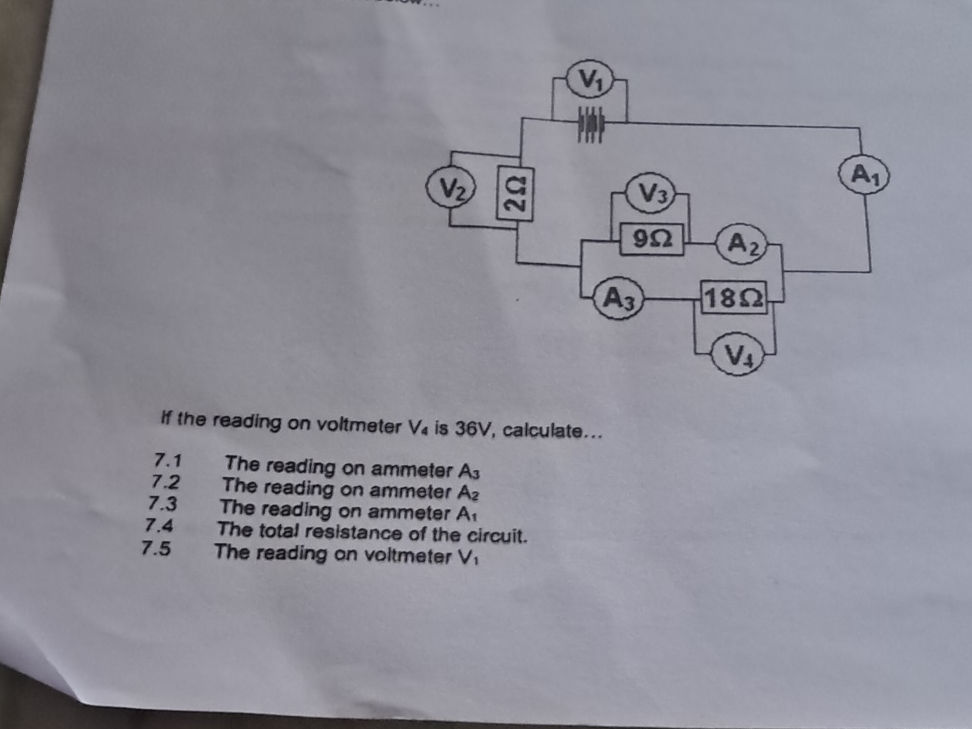 If the reading on voltmeter V4 is 36V, | StudyX