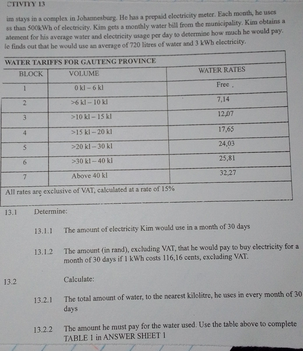 WATER TARIFFS FOR GAUTENG PROVINCE | BLOCK | StudyX