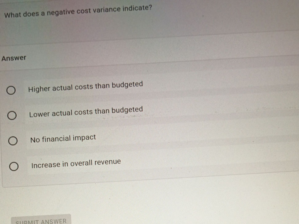 What does a negative cost variance indicate? | StudyX