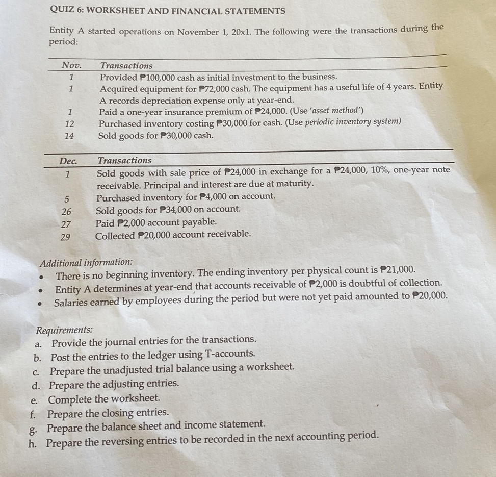 QUIZ 6: WORKSHEET AND FINANCIAL STATEMENTS | StudyX